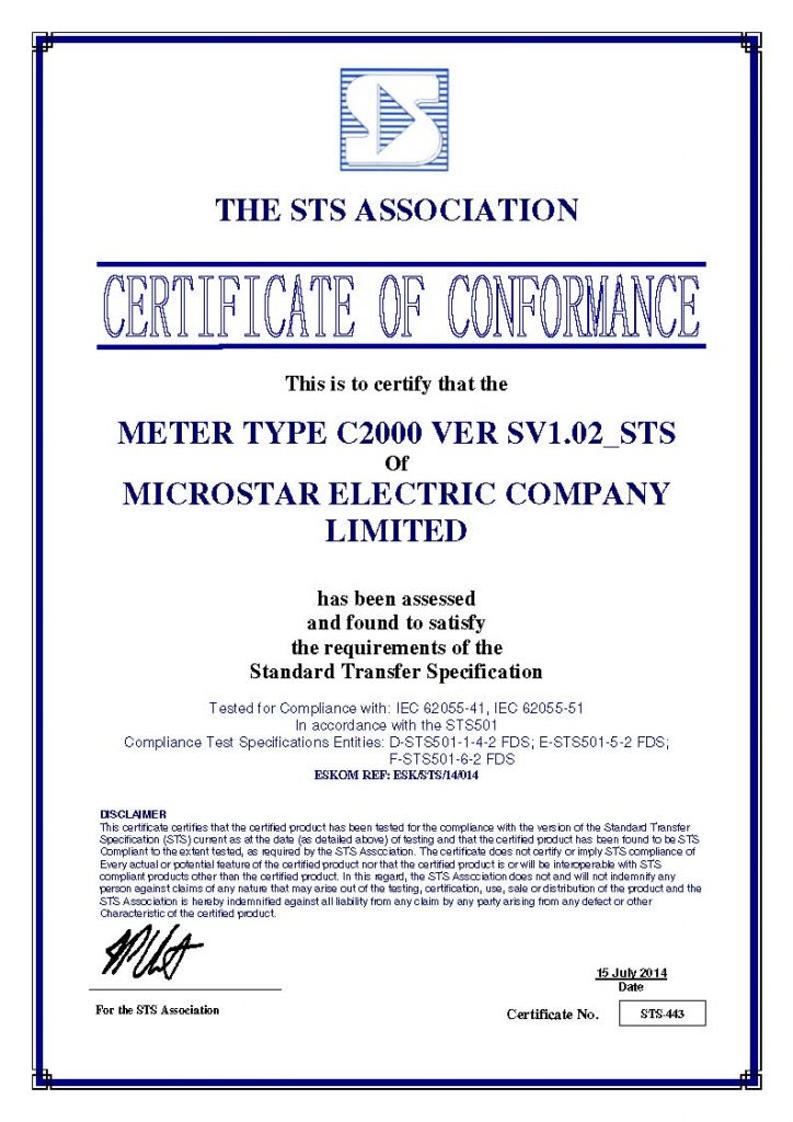 Microstar C2000 Smart Meter STS Certificate – Microstar Electric ...